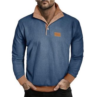 Generic Pull en velours côtelé pour homme - Col en V - Manches longues - Col montant - Pull dhiver chaud en velours côtelé, bleu, XL