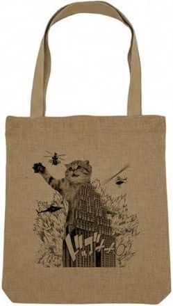 Fabulous Sac Shopping Tote Bag Aspect Lin - Chaton Gratte Ciel Collage Art Surr&eacute;alisme Japon Manga New York - Sac de Courses Toile Epaisse 360g Beige Naturel C