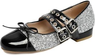Generic Mary Janes Ballerines plates &agrave; paillettes pour femme avec noeud papillon et sangle &agrave; boucle, Noir, 40.5 EU