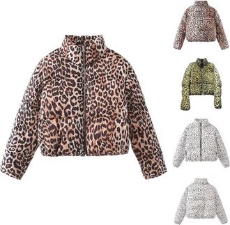 Generic Vestes dhiver en duvet pour femme avec imprim&eacute; l&eacute;opard, veste matelass&eacute;e &agrave; col montant, veste matelass&eacute;e &agrave; fermeture &eacute;clair int&eacute;grale, manteau en duve