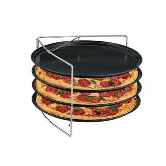 Relaxdays Pizzablech, 4er Set, mit Gestell, antihaftbeschichtet, Carbonstahl, rundes Pizzabackblech, anthrazit/Silber