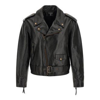 Balmain Homme, Vestes, Noir, Taille: XL Veste motard en cuir textur&eacute;