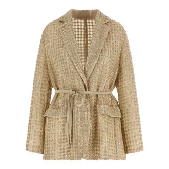 Brunello Cucinelli Seidenorganza-Blazer mit funkelnder Netzstickerei - - Jackets - Damen - Beige - S