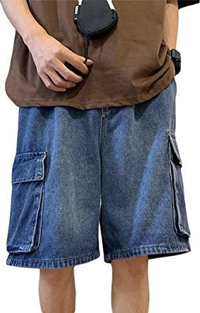 ORANDESIGNE Shorts en Jean Hip Hop pour Homme Bermuda Baggy Denim Shorts Imprimé Vintage Pantalon de Danse de Rue Pantalon de Skateboard Short Punk V Bleu Foncé M