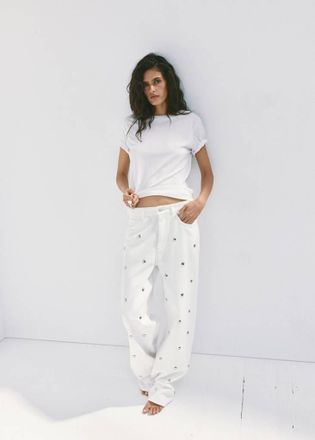 Mango Jean regular waist &agrave; clous blanc cass&eacute; - Femme - 32 - MANGO