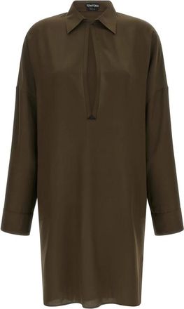 Tom Ford Femme, Blouses et Chemises, Vert, Taille: 34 FR Tunique Robe en Cr&ecirc;pe de Chine de Soie avec D&eacute;tails en Cuir et Logo TF en Relief