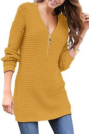 Onsoyours Onsyours Robes Casual Femme Pull Col V Chaud Grande Taille Manteau Casual Couleur Unie Tricot Sweat Manches Longues Zip Mini Robe El&eacute;gant Casual Jaune