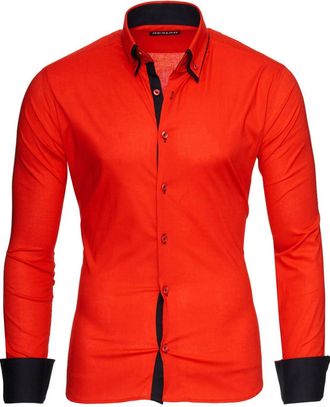 Reslad Herren Hemd bügelfrei Slim Fit Freizeit Hemden Business Herrenhemd Kontrast zweifarbig Langarm RS-7050 Rot Schwarz Gr S