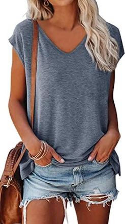 OLIPHEE Femmes Cap Sleeve T-Shirts À Manches Courtes Col en V Casual T-Shirts De Base Dété Lâches (Bleu Grisé,XXL)