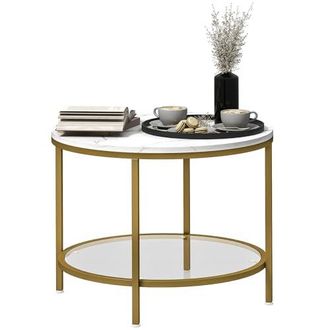 HOMCOM Table Basse Salon Ronde, Table dappoint Moderne &agrave; 2 Niveaux avec Plateau Effet marbre et &eacute;tag&egrave;re en Verre tremp&eacute;, Bout de canap&eacute; pour Salon, Chambre, 