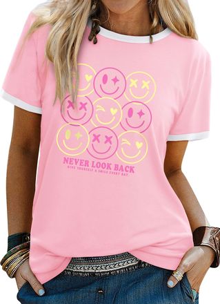 Dresswel Tshirt Damen Give Yourself A Smile Everyday L&auml;chelndes Gesicht Druck T-Shirt Rundhals Kurzarm T Shirts Sommer Oberteile Tee Tops Bluse