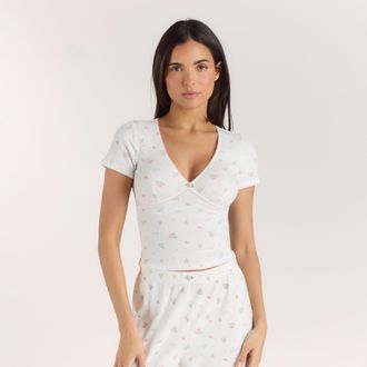 Lounge Gerippter, Kurz&auml;rmeliger Pyjama Top - Florales Wei&szlig; - XXL