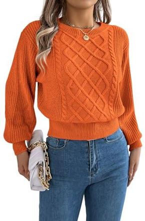 Generic Pull dhiver en tricot torsadé avec manches lanternes, pull bohème chic pour un confort décontracté et un style tendance, Orange, XL