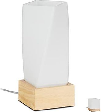 Relaxdays Tischlampe Prisma, Wohn- & Schlafzimmer, Holz & Milchglas, E14 Nachttischlampe, 24 x 10 x 10 cm, weiß/natur