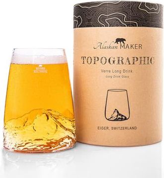 Alaskan Maker Verre long 450ml - Borosilicate de qualit&eacute; sup&eacute;rieure souffl&eacute; artisanalement avec les montagnes en relief | Cocktail, bi&egrave;re ou soft TOPOGRAPHIC (Eiger
