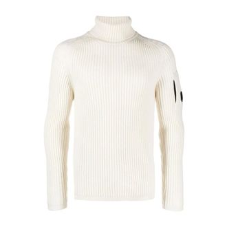C.P. Company C.p. Company, Homme, Pulls, Blanc, Taille: L Pull Col Roul&eacute; en Maille C&ocirc;tel&eacute;e
