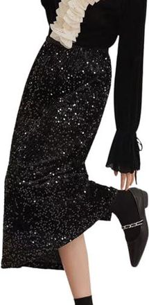 Generic Costume de Carnaval pour Femme - Jupe &agrave; Paillettes en Velours - Jupe enveloppante - Jupe Droite MIDI r&eacute;tro Scintillante