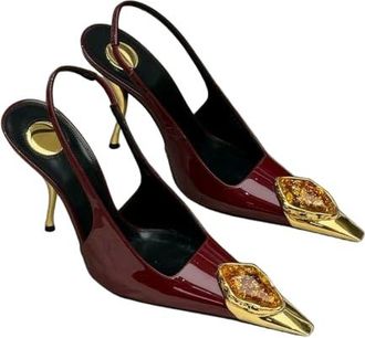 Generic YUJIEBB Sandales &agrave; talons hauts fins &agrave; bout pointu pour femme avec ornement en m&eacute;tal orn&eacute; de pierres pr&eacute;cieuses, rouge vin, 39.5 EU