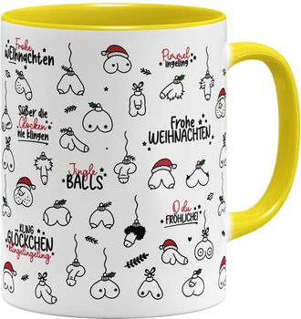 OM3 Lustige Jingle Balls Weihnachts Kaffee-Tasse mit Penisse - Pimmel Tasse Penis-Muster Doodle - Keramik Becher - 325ml - Beidseitig Bedruckt - Gelb