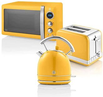 SWAN Retro Frühstücks-Set 1,8 L Wasserkocher, 2 Scheiben Breitschlitz-Brottoaster, 20L Digital-Mikrowelle, 6 Leistungsstufen, Timer, Spiegeltür, Vintage De