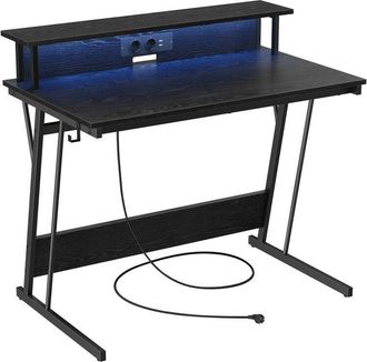 Vasagle Bureau Gaming avec LED et Multiprise, Table Gamer, Bureau Informatique avec Rehausseur d&Eacute;cran, pour 2 Ordinateurs, pour Chambre, 60 x 120 x