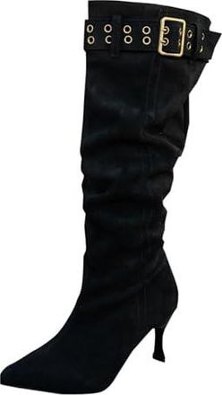 Generic Bottes hautes d&eacute;contract&eacute;es en faux daim pour femme - &Eacute;l&eacute;gantes - Bout pointu - Talon chaton pliss&eacute; - Confortable - Large mollet - &Agrave; enfiler - Pour la