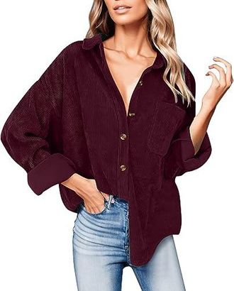 Generic Chemise boutonn&eacute;e en Velours c&ocirc;tel&eacute; pour Femme Chemisiers Hauts Manches Longues vestChemisier &eacute;l&eacute;gant pour Femme - Col en V Grande Taille
