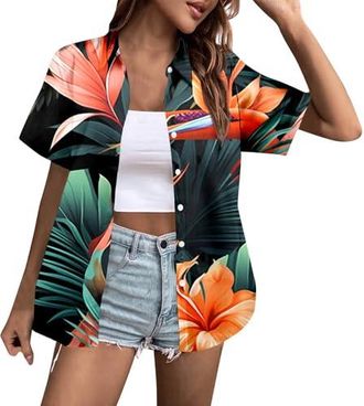 Generic Chemise tropicale &agrave; manches courtes boutonn&eacute;e pour femme - Chemise hawa&iuml;enne tendance hawa&iuml;enne avec palmiers - Croisi&egrave;re au Mexique - Graphique des C