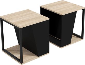 HOMCOM 2 Beistelltische mit Aufbewahrung, Struktur aus Stahl, skandinavisches Design, 40 x 40 x 45 cm, Schwarz und Natur