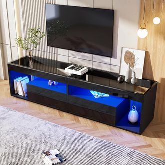 Generic TV Lowboard 180 cm Schwarz Hochglanz LED Beleuchtung Fernsehschrank f&uuml;r Fernseher bis 70 Zoll TV Board mit 2 Schubladen Geh&auml;rtetes Glas Sideboard Wohn