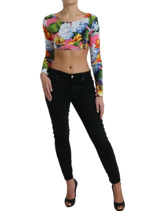 Dolce & Gabbana Womens Multicolor Floral Long Sleeves Cropped Top Viscose Elastane