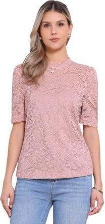 Allegra K Haut en Dentelle Florale Femmes Col Montant Manches Courtes Bouffantes Demi-Transparentes Chemisier &Eacute;l&eacute;gant T-Shirt Rose fonc&eacute; XS
