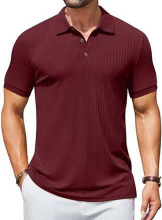 Coofandy Polo dété côtelé à manches courtes avec boutons pour homme, Date rouge., M