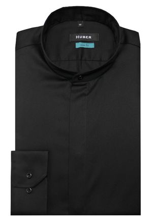 Huber Herren Stehkragenhemd Slim Fit Verd. Knopfleiste schwarz M