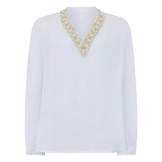 120% Lino Femme, Blouses et Chemises, Blanc, Taille: 38 FR Blouse en coton avec strass