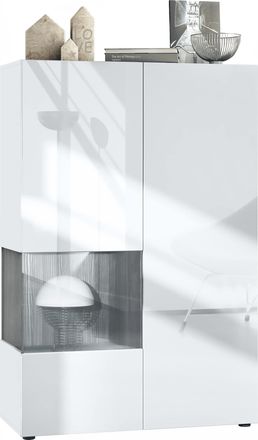 Vladon Vitrine Morena V2, Made in Germany, Standvitrine mit 2 T&uuml;ren und Glaseinsatz, Korpus Wei&szlig; matt, Fronten Wei&szlig; Hochglanz, Cube Avola-Anthrazit (91,5 x 1