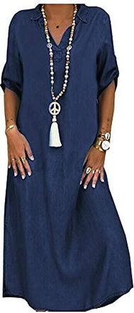 Onsoyours Robe en Jean Femme Court Manches Courtes V-Cou Simple Boutonnage Costume Vintage Denim Robes Slim Fit Forfait Hanche Mode Chic Casual Robe Chemisier R