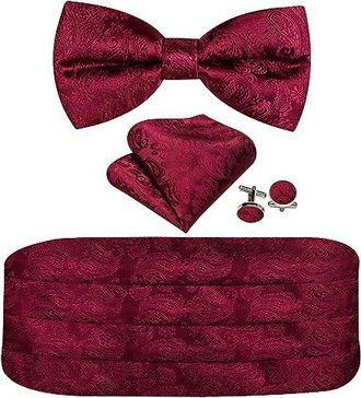 Barry.Wang Cummerbund Ensemble noeud papillon en soie pour homme avec boutons de manchette carr&eacute;s pr&eacute;-nou&eacute;s, Motif cachemire rouge vin, taille unique