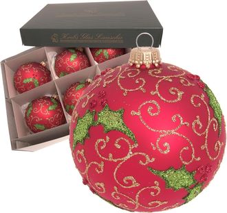 Krebs Glas Lauscha Weihnachtsdekoration/Christbaumschmuck aus Glas - Kugeln Stechpalme und Strudel - Farbe: Rot Satin - Menge: 6 Stück - Größe: ca. 8 cm