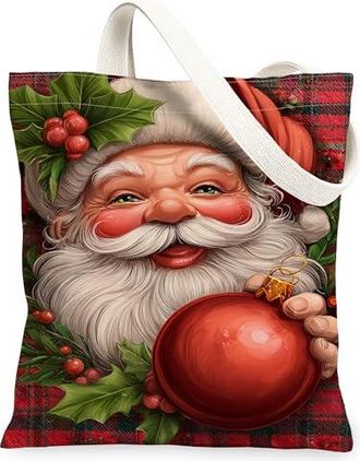 Generic Sacs fourre-tout en toile de houx de No&euml;l, motif festif, r&eacute;utilisables, l&eacute;gers et lavables avec bandouli&egrave;re pour voyage, pique-nique, Rouge, 13x15 Inc