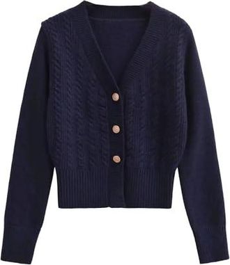 Generic Cardigan en tricot torsad&eacute; &agrave; manches longues et col en V pour femme Bleu marine, bleu marine, Taille XS