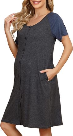 KOJOOIN Nachthemd Damen Geburt Stillnachthemd Kurzarm Nachtw&auml;sche Baumwolle Umstandsnachthemd mit Durchgehender Knopfleiste Dunkelgrau C(Kurzarm) XL