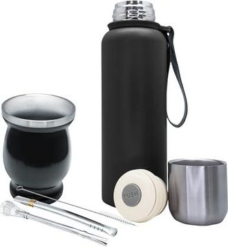 Nerthus Kitchenware FIH 1595 Mate-Set mit doppelwandigem Edelstahlbecher 250 ml + zwei Pfeifenlampen f&uuml;r Mate mit Reinigungsb&uuml;rste + Thermoskanne aus Edelstahl, 750 ml