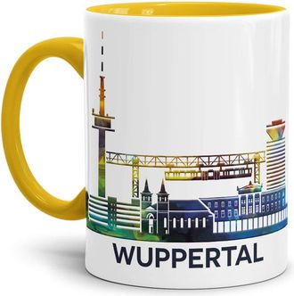 Tassendruck Wuppertal-Tasse Skyline - Kaffeetasse/Silhouette/Becher/Souvenir/Städte-Tasse/Cup/Mug/Beste Qualität - 25 Jahre Erfahrung - Innen & Henkel Gelb