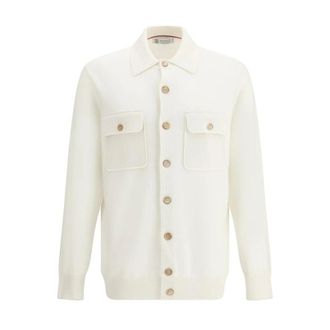 Brunello Cucinelli Homme, Pulls, Blanc, Taille: L Cardigan en Cachemire avec Col à Côtes