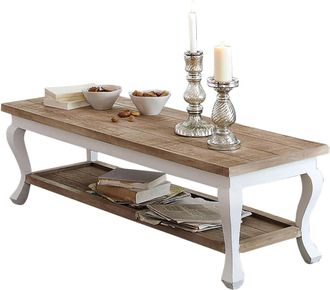 Loberon Couchtisch Riverside, Im Long-Island-Stil, Naturbelassene Ablagen, Elegant Geschwungene Tischbeine, Sofatisch, Wohnzimmertisch, Mangoholz, braun/antik