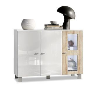 Vladon Sideboard Denjo, Made in Germany, Kommode mit 3 Türen, Weiß matt/Weiß Hochglanz/Eiche Sägegrau, inkl. LED-Beleuchtung (107 x 81 x 35 cm)