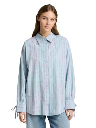 Tom Tailor Denim Klassische Bluse TOM TAILOR DENIM, Damen, Gr. XXL, blau wei&szlig; braun stripe, Web, Obermaterial: 100% Baumwolle, gestreift, oversize normal, ohne Ausschn