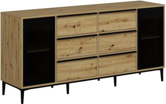 Vente-Unique Vente-unique - Buffet avec 2 portes en verre tremp&eacute; et 6 tiroirs - Naturel et noir - molinia