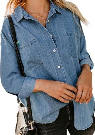 Minetom Chemisier pour Femme Jean Chemise Décontractée avec Col en V Manches Longues Blouse Solide Chemise en Denim avec Poche A Bleu XL